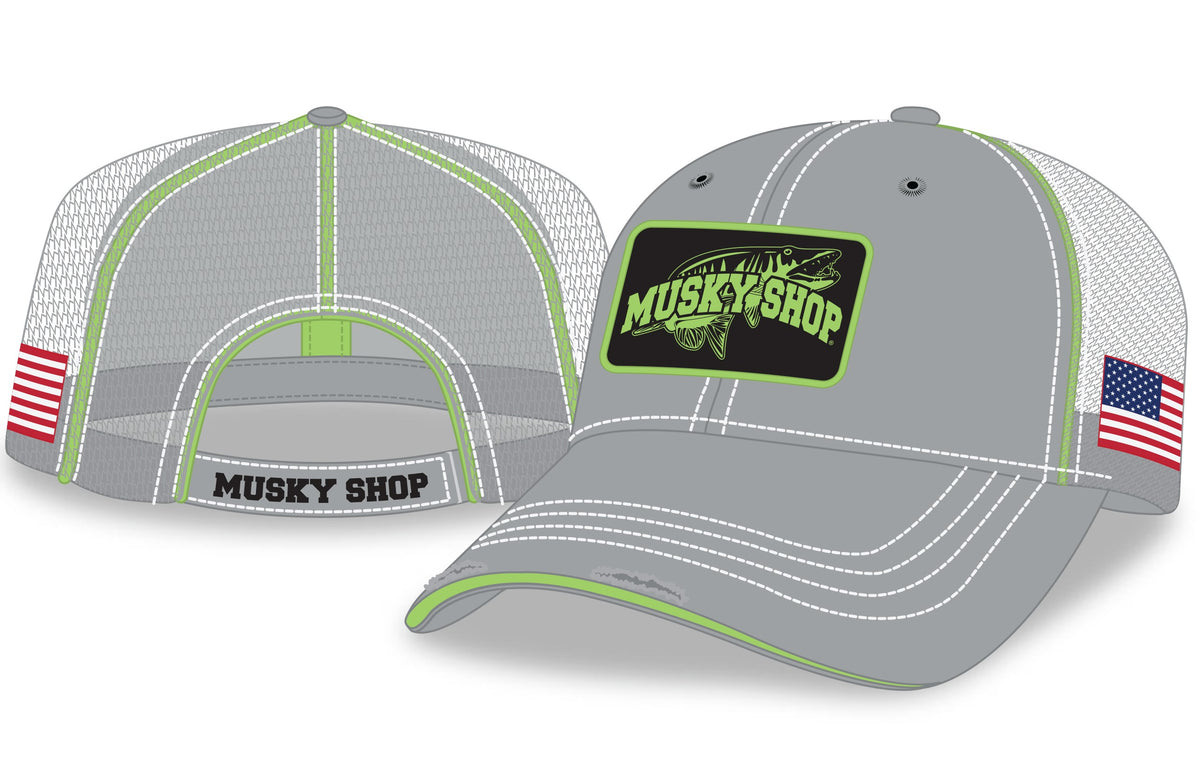 Musky Shop Gray Distressed Patch Mesh Trucker Cap